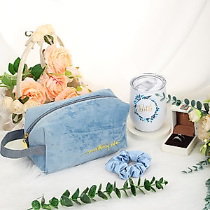 Set of 3 Something Blue Wedding Gift for Bride Blue Flowers Bride Sign 12 oz Stainless Steel Insulated Tumbler with Lids Something Blue Bridal Cosmetic Bag Blue Scrunchies Hair Tie Gifts to Bride