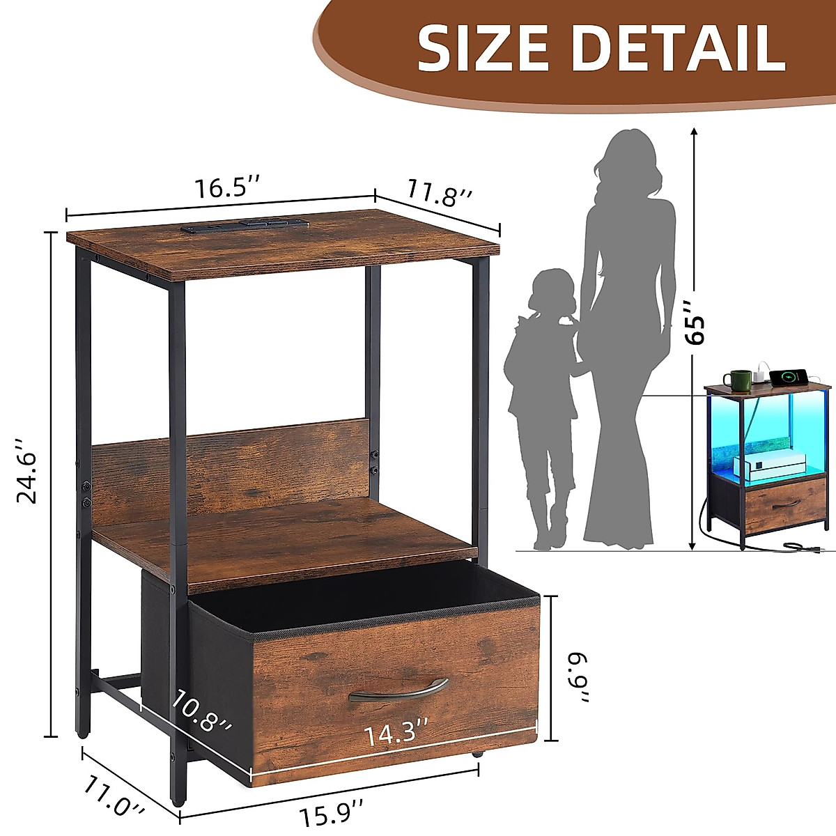 Somdot Night Stand with Charging Station and LED Light for Bedroom, Bedside Table End Table for Dorm Bedside Laundry Closet Entryway Hallway, Wood Grain Print