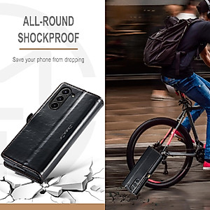 SZHAIYU Smooth Retro Premium Flip Leather Phone Case for Samsung Galaxy Z Fold 5 5G Case Wallet with Card Holder Kickstand 7.6'' Fold5 Book Cover (Black,Z Fold 5)