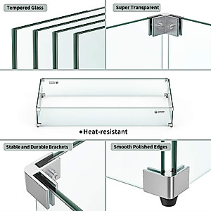 Skyflame Rectangular Stainless Steel Drop-in Fire Pit Pan and Burner with Burner Cover, Include 42" X 18" Fire Pit Glass Wind Guard