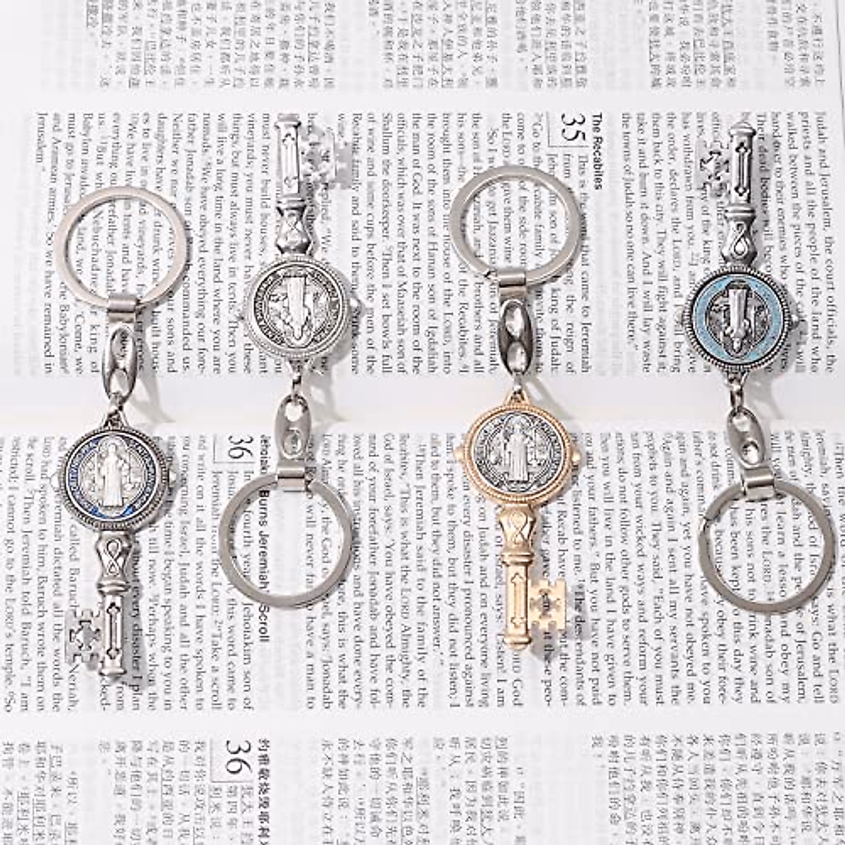 WHLHMK 4Pcs Saint Benedict Medal Keychain, St Benedict Medals Key Chain, Saint Benedict Jubilee Medal, Cross Protection Key Shaped Keychain, Exorcism Medal Christian Sacramental Medal Keyring