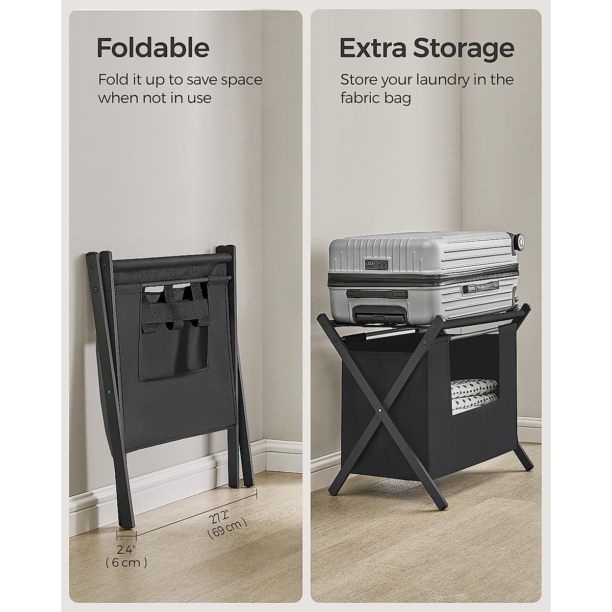 SONGMICS 2 Pack Luggage Rack with Removable Laundry Bag, Set of 2 Suitcase Stands for Guest Room, Foldable for Space-Saving Storage, Steel Frame, Hotel, Bedroom, Black URLR005B02