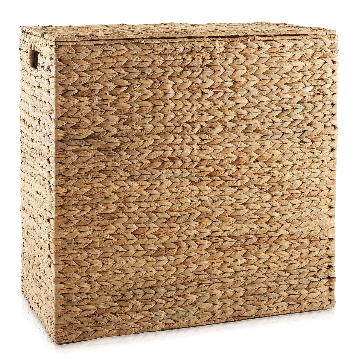 Casafield 2-Section Laundry Hamper with Removable Liner Bags - Natural, Woven Water Hyacinth Double Laundry Basket Sorter for Clothes and Towels