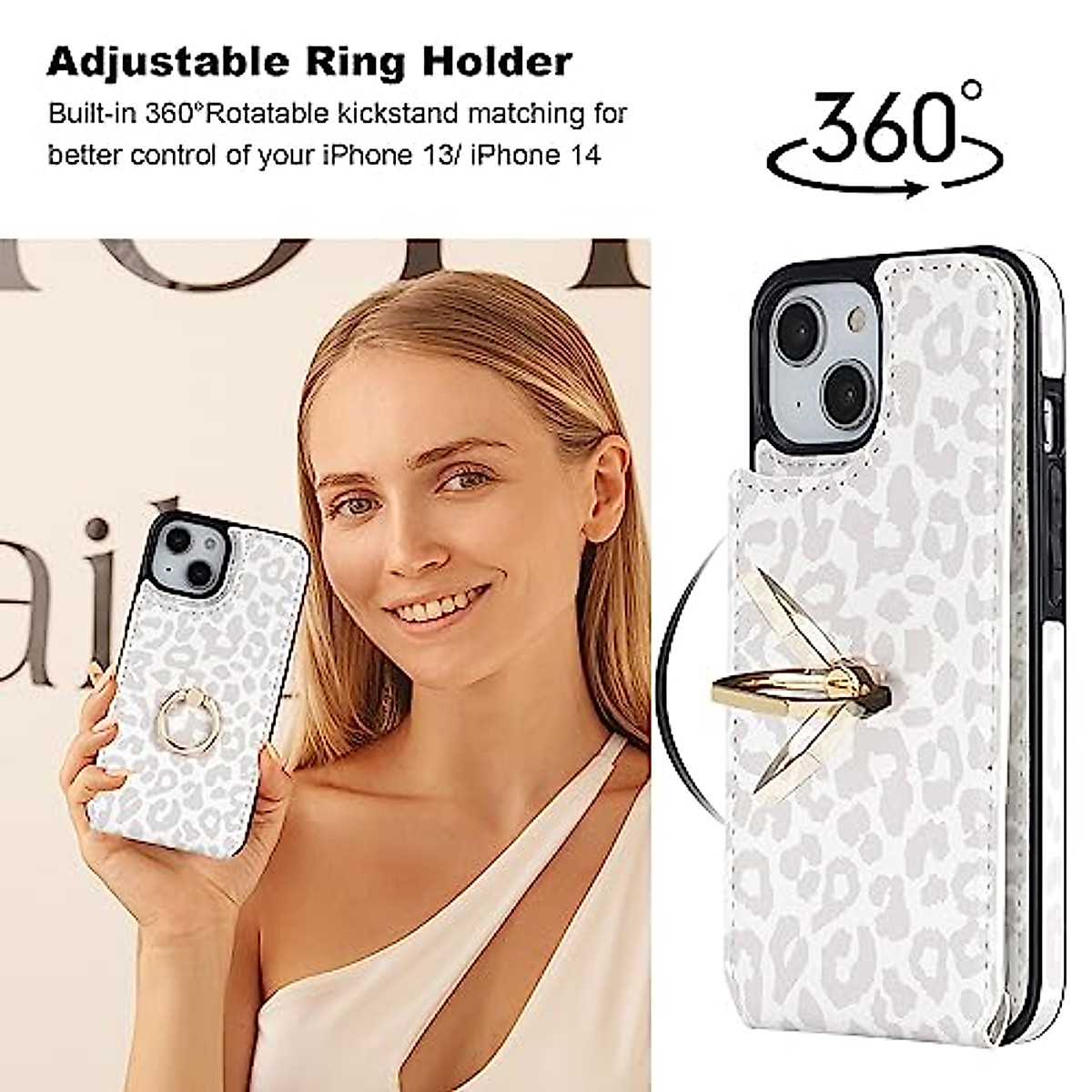 HAOPINSH for iPhone 13/ iPhone 14 Wallet Case with Card Holder, 360°Rotation Ring Kickstand, White Leopard Cheetah Pattern, RFID Blocking Leather for Girls Women, Double Buttons Flip Protective 6.1"