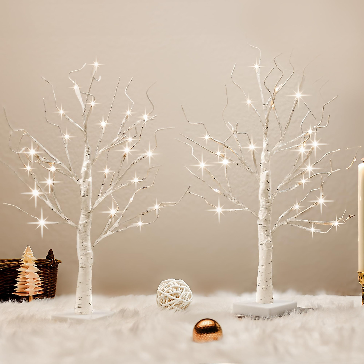 Alfanite Lighted Birch Tree with LED Lights for Indoor Decor, 2FT White Christmas Tree, Artificial Tree with Battery Powered Timer for Winter Wedding Home Mantle Table Top Centerpieces Easter Decor