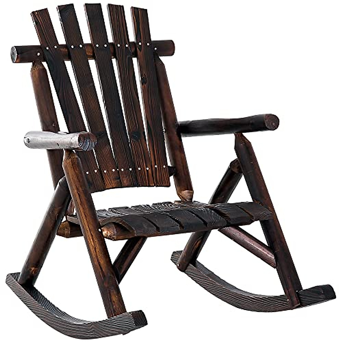 Outsunny Outdoor Wooden Rocking Chair, Rustic Adirondack Rocker with Slatted Seat, High Backrest, Armrests for Patio, Garden, and Porch, Large, Brown