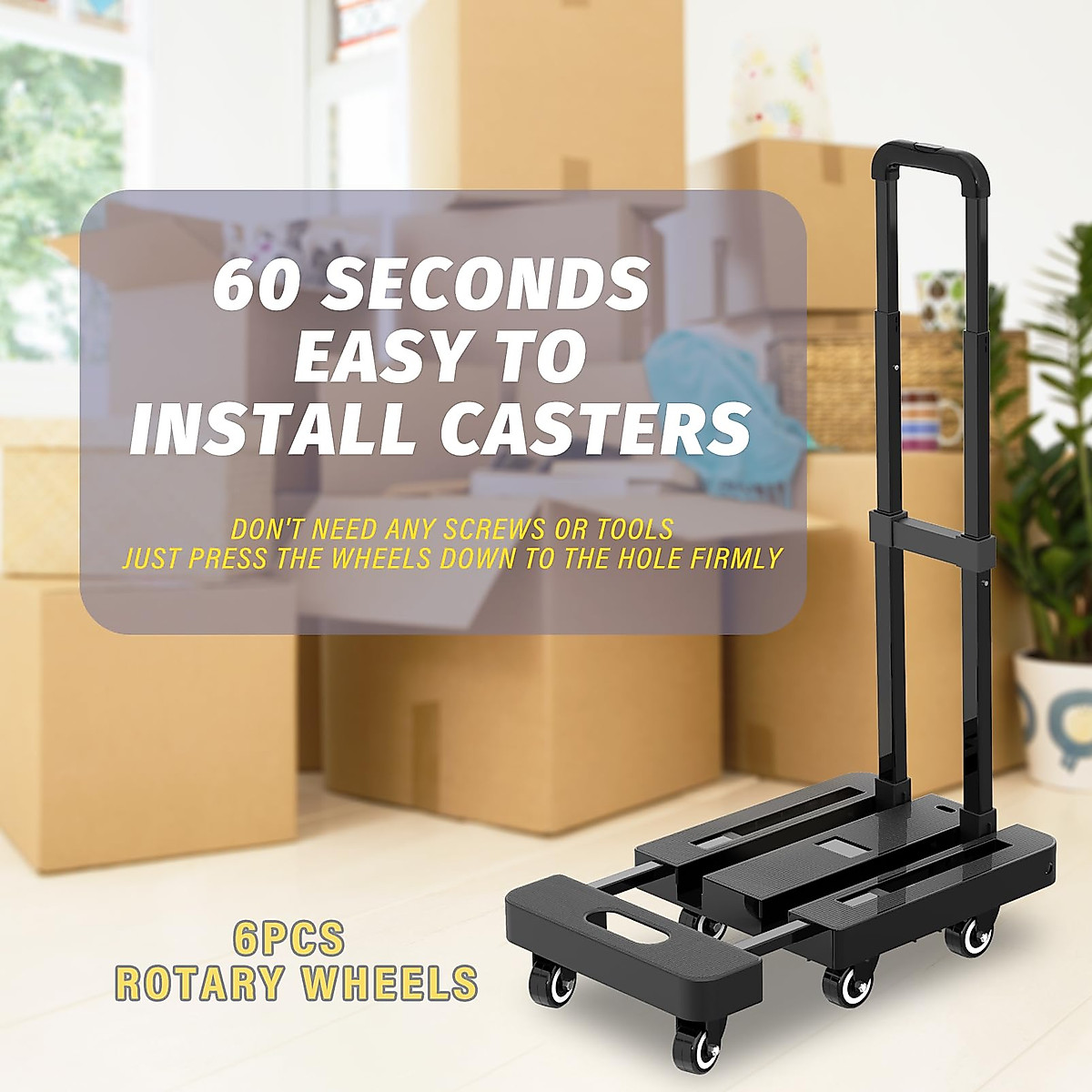 [Updated] Foldable Dolly Cart with Wheels, 500lbs Heavy Duty Folding Hand Truck Dolly Easy Set-Up Design, Collapsible Trolley Handtruck, Portable Small Dolly for Moving, Shopping, 6 Wheels And 2 Ropes