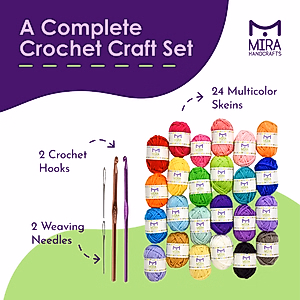 Mira HandCrafts 24 Acrylic Yarn Skeins | 525 Yards of Craft Yarn for Knitting and Crochet | Includes 2 Hooks, 2 Weaving Needles,7 E-Books as Crochet Accessories | Perfect Crochet kit for Beginners