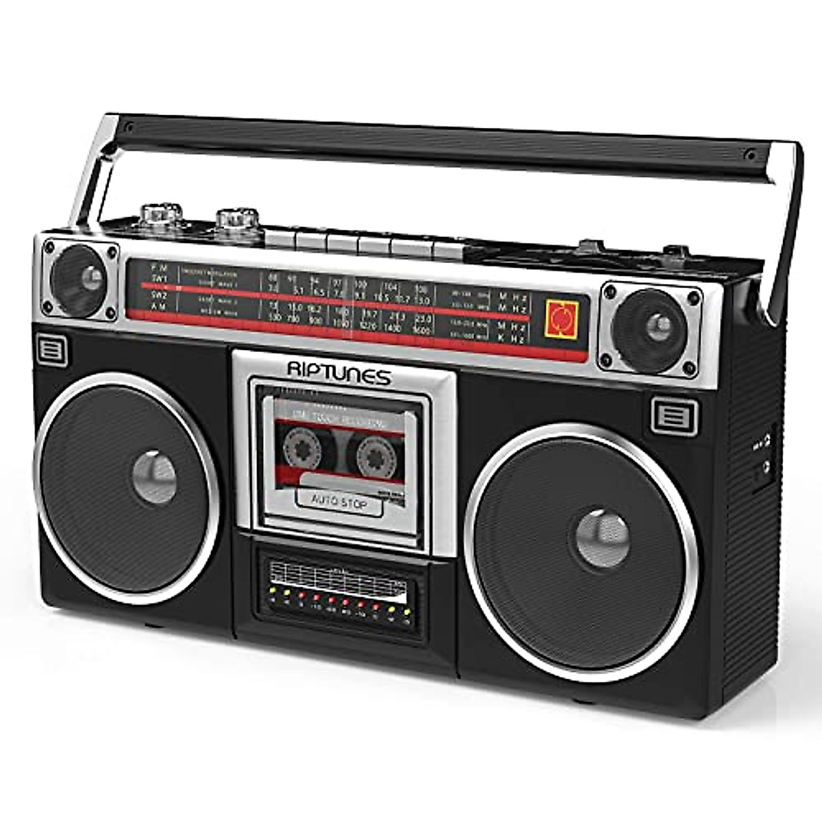 Riptunes Boombox Radio Cassette Player Recorder, AM/FM -SW1/SW2 Radio, Wireless Streaming, USB/Micro SD Slots, Aux in, Headphone Jack, Convert Cassettes to USB/SD, Classic 80s Style Retro, Black