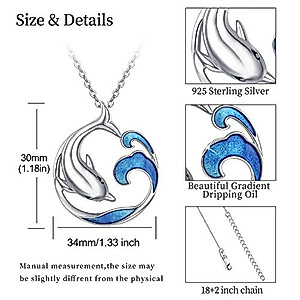 CUOKA MIRACLE Dolphin Necklace S925 Sterling Silver Cute Dolphin Necklace Ocean Wave Pendant Beach Themes Ocean Wave Jewelry Dolphin Gifts for Women Birthday
