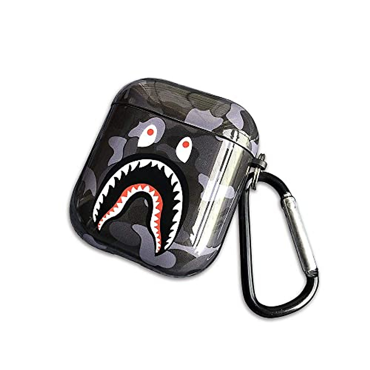 Shark Teeth Softshell Silicone Camouflage Airpods Case, IMD Case Shockproof Case Skin with Key Ring, Suitable for Apple Airpods 1 & 2 Charging Box (Black)