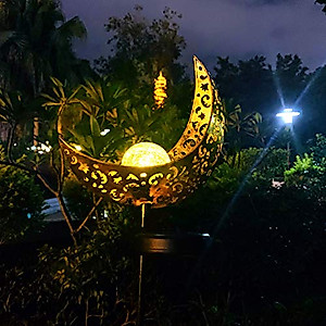 Aubasic Solar Powered Garden Lights, 2 Pack Antique Brass Hollow-Carved Metal Moon with Warm White Crackle Glass Globe Stake Lights,Waterproof Outdoor for Lawn,Patio,Yard