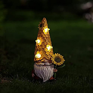 REYISO 12.3 inch Gnomes Garden Statue, Resin Sunflower Statues Gnome Figurine Solar Outdoor Decorations Art Sculpture for Patio Yard Lawn Garden Decor Lawn Ornaments Gnomes Gifts