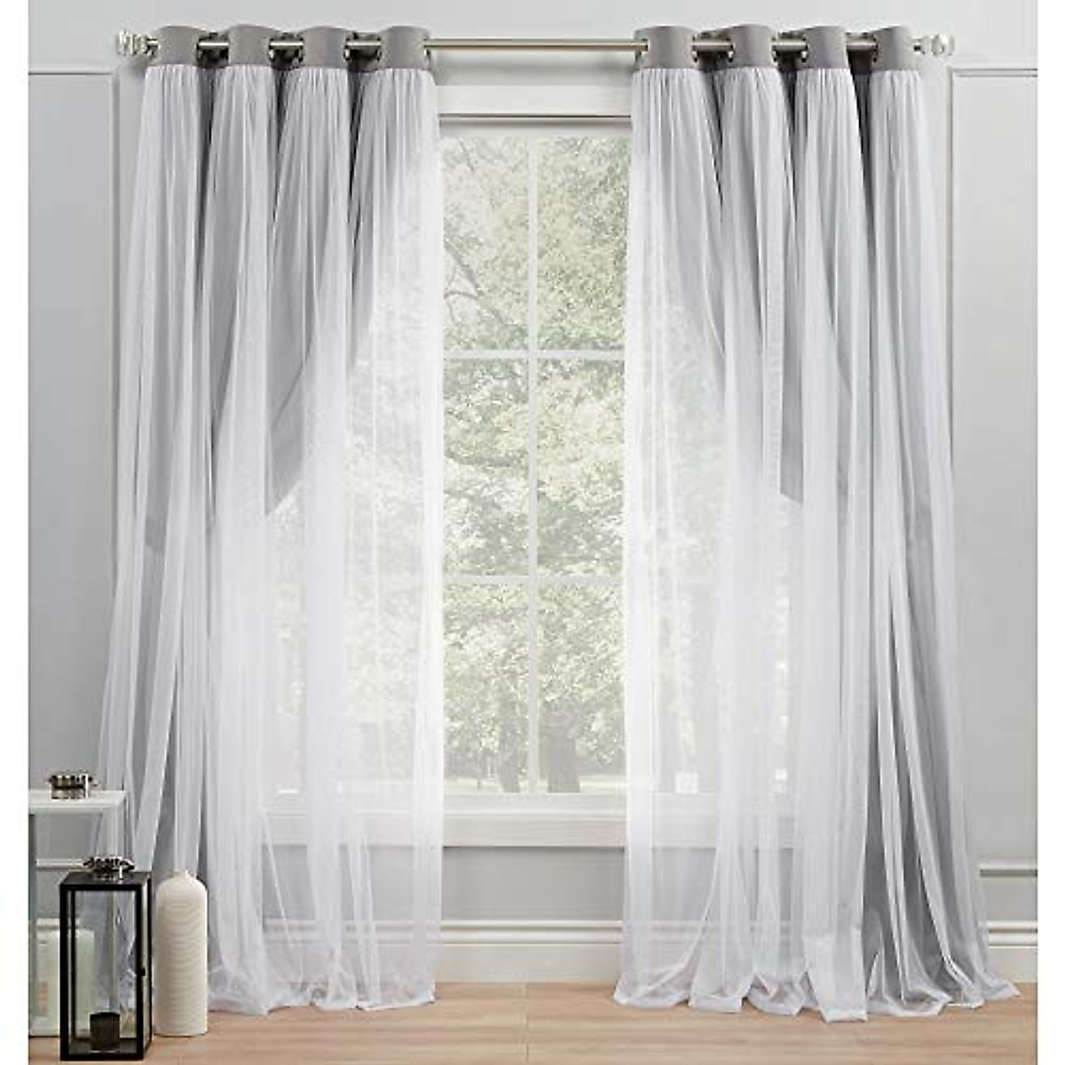 Exclusive Home Catarina Layered Solid Room Darkening Blackout and Sheer Grommet Top Curtain Panel Pair, 52"x84", Soft Grey