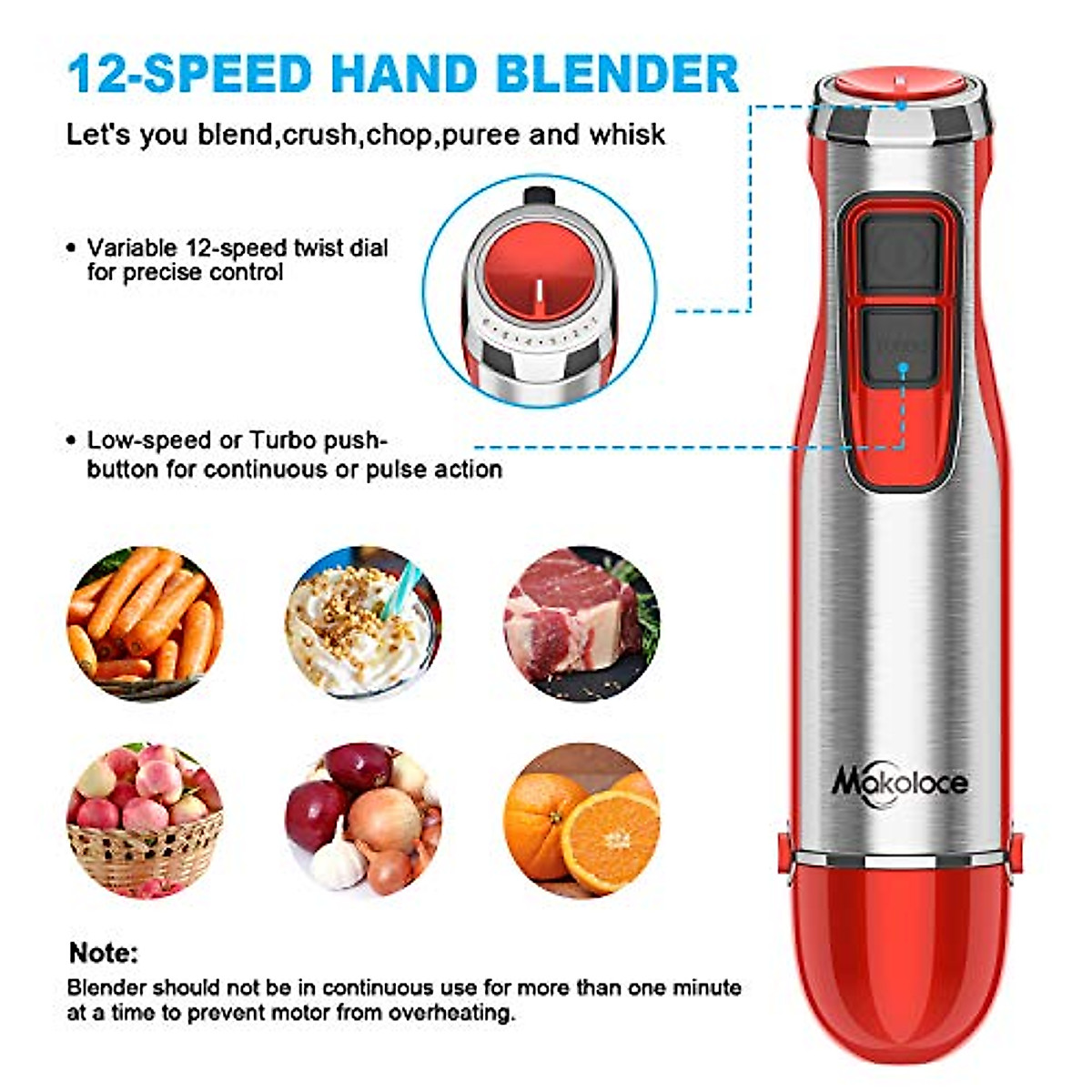 Makoloce Hand Blender 800W 12-Speed 5-in-1 Immersion Blender Handheld Stick Blender Stainless Steel With Whisk, Milk Frother, Chopper, Grinder Bowl & Measuring Cup for Smoothie, Baby Food & Sauces Red