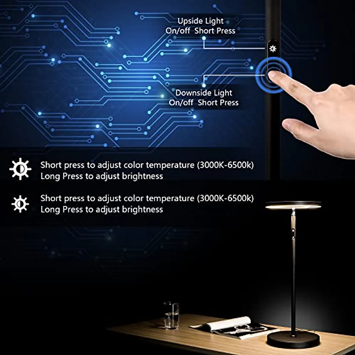 ACODO Floor lamp,LED Modern Double Side Lighting Reading Lamps ,Adjustable Height 4 Color Temperatures Standing Working Tall Lamp with Remote & Touch Control for Living Room,Bedroom, Office (Black)