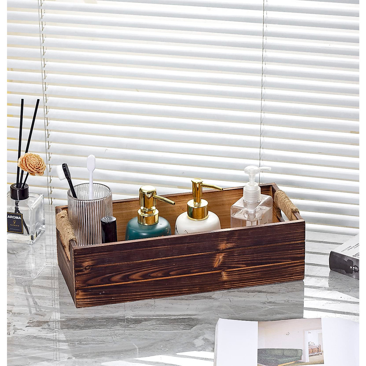 TIMRIS Rustic Wooden Box, Farmhouse Bathroom Decor Box, Wooden Toilet Paper Holder, Toilet Tank Basket, Decorative Storage Container Box (Rustic Brown)