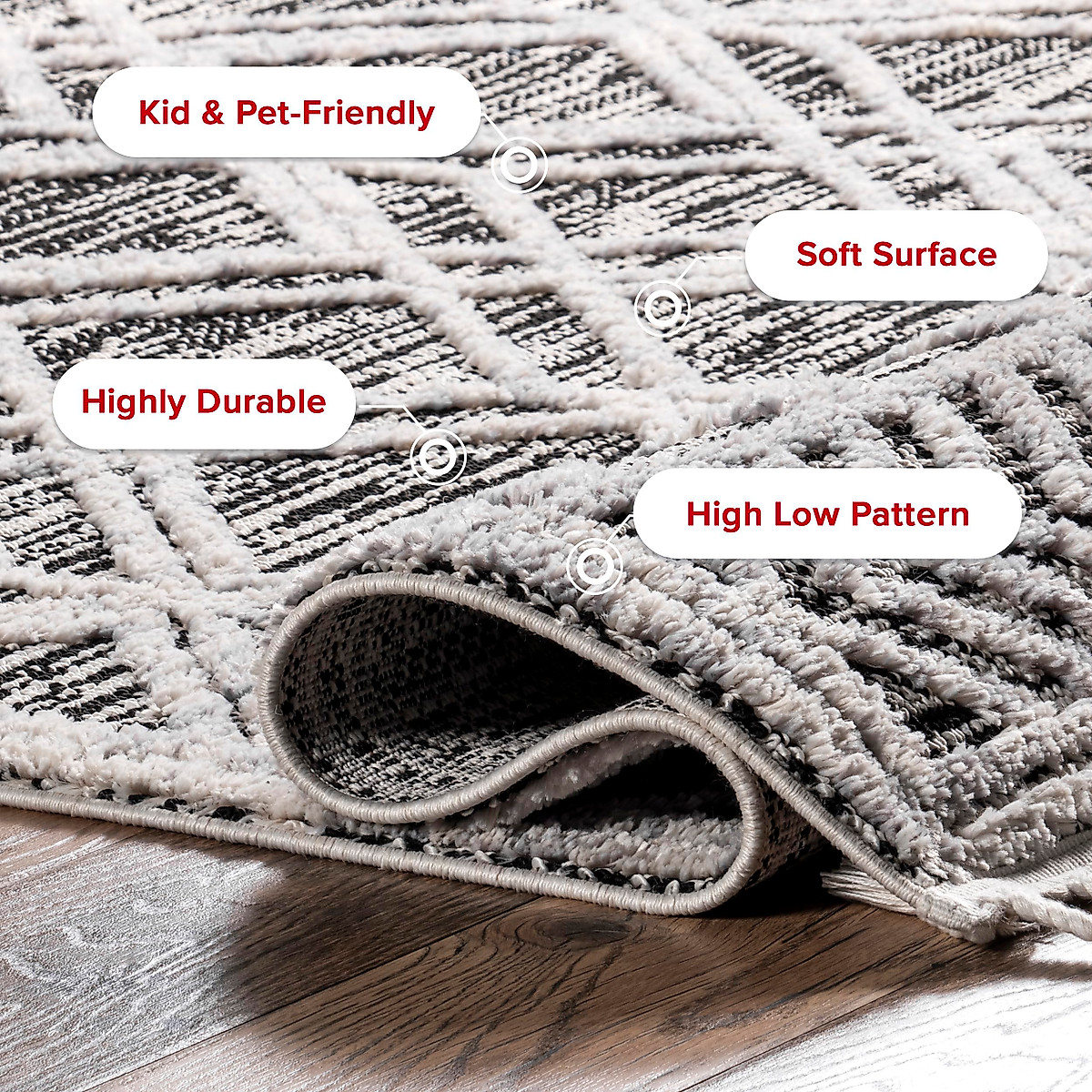 nuLOOM 9x12 Ansley Moroccan Tassel Area Rug, Grey, High-Low Textured Bohemian Design, Plush High Pile, Stain Resistant, For Bedroom, Living Room, Hallway, Entryway