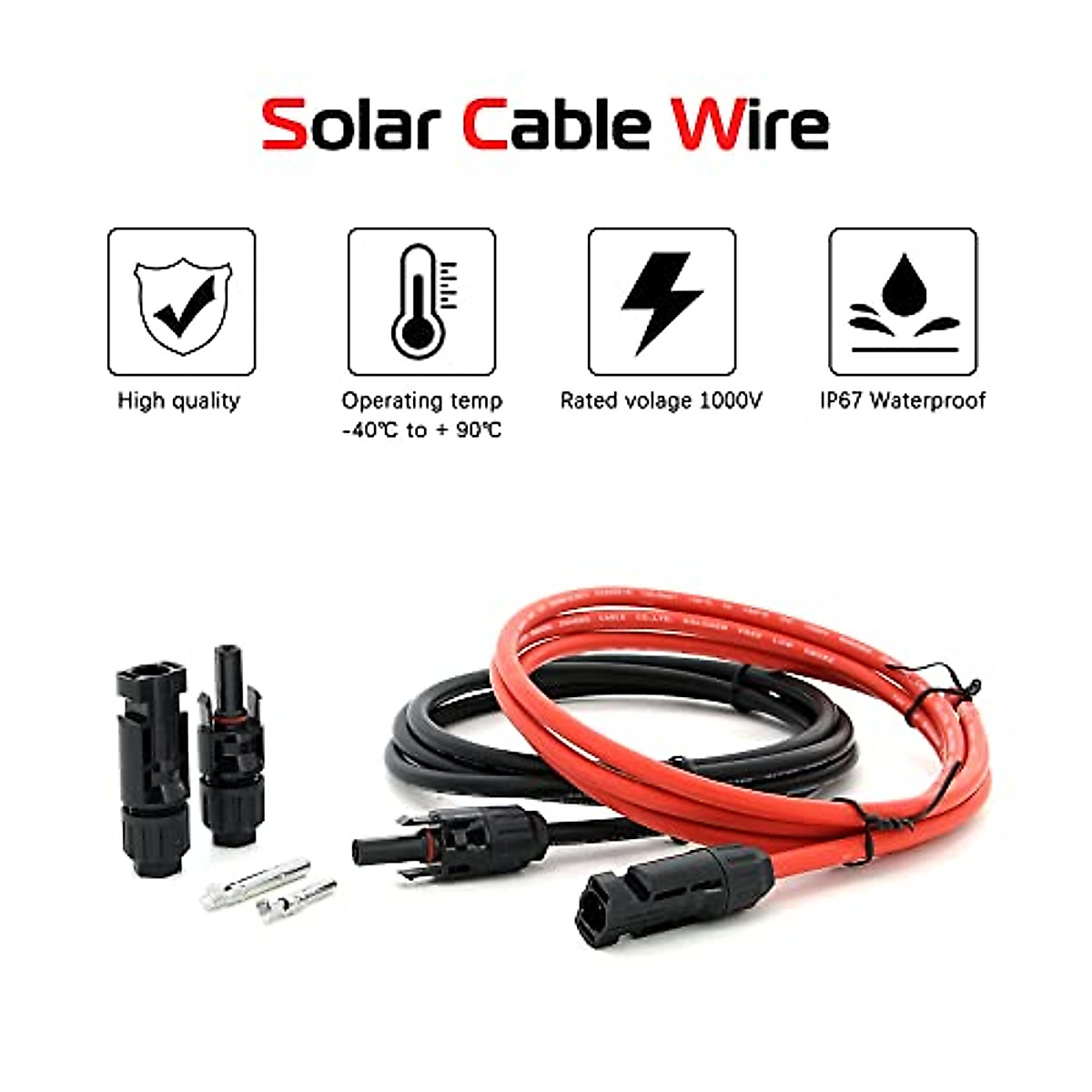 Solar Panel Extension Cable 10 Gauge 10 AWG 5 Feet Black + 5 Feet Red Solar Panel Extension Cable Wire Solar Connectors