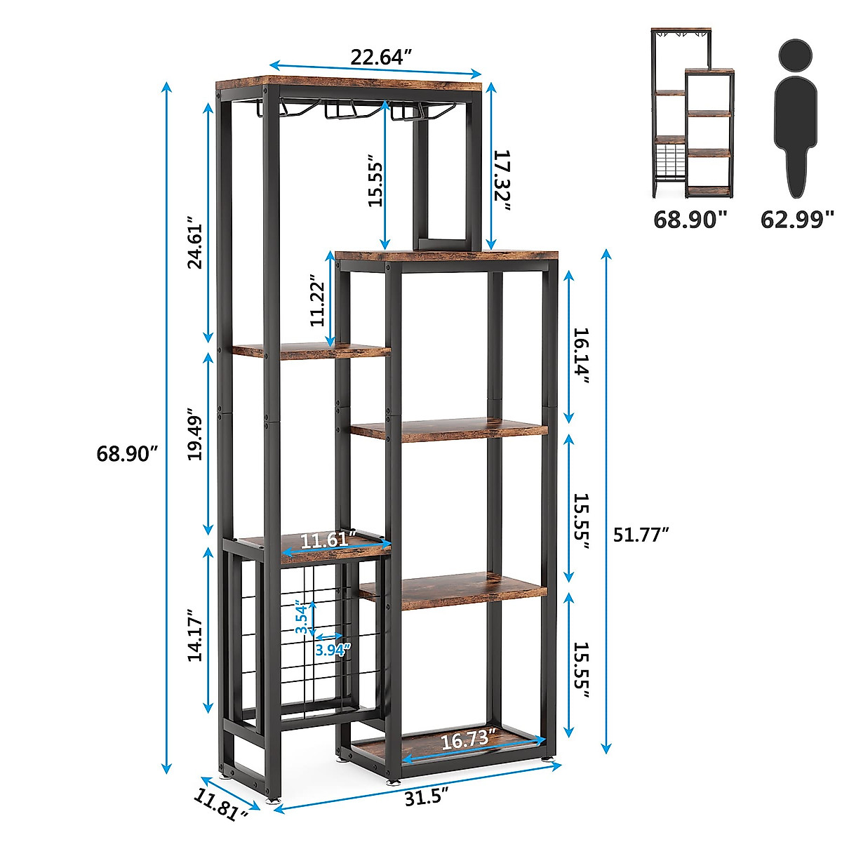 Tribesigns Wine Rack Freestanding Floor, 5-Tier Wine Baker Rack with Glass Holder & Wine Storage, Industrial Wine Display Shelf Wine Bar Cabinet for Bar, Kitchen, Dining Room, Rustic Brown