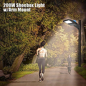 LED Parking Lot Light 200W, 5500K, 28,000LM (135LM/W ) LED Street Lighting with Dusk to Dawn Photocell, Commercial Adjustable Direct Arms Mount LED Shoebox Light, Ideal for Basketball Court,Stadium