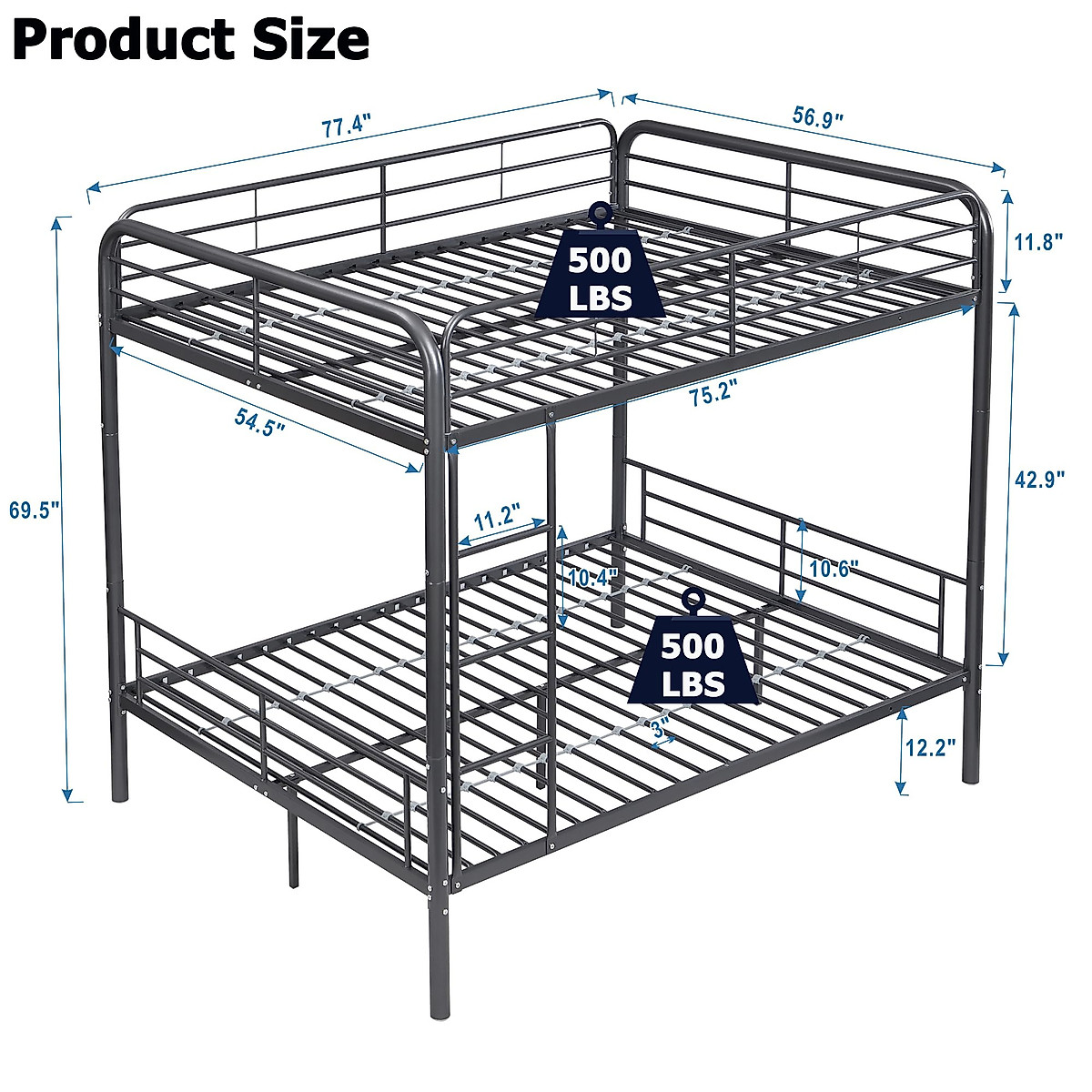 FUSVZ Heavy-Duty Full Over Full Bunk Beds for Adults, Modern Style Bunk Bed Full Over Full Size Frame with Ladders for Kids Boys Girls Teens Adults, Weight Capacity 500LBS, Easy to assemble (Gunmetal)