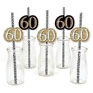 Adult 60th Birthday - Gold - Paper Straw Decor - Birthday Party Striped Decorative Straws - Set of 24