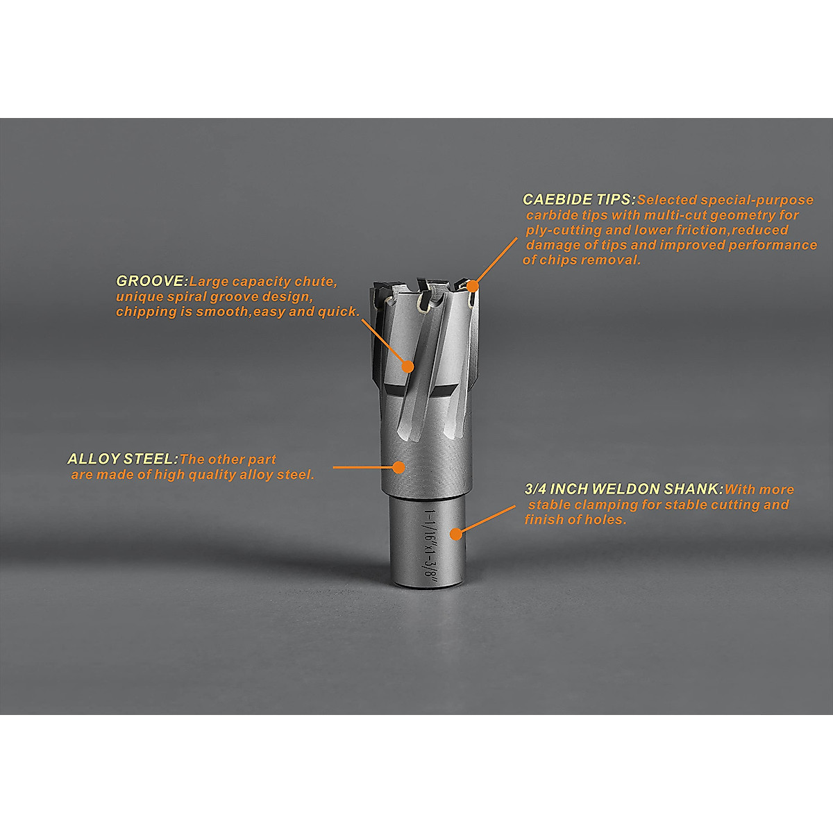 Annular Cutter Set Carbide 8pcs JESTUOUS 3/4 Inch Weldon Shank 1-3/8 Cutting Depth and Cutting Diameter from 1/2 to 1-1/16 Two Flat TCT Bit for Drill Press with 2 Pilot Pins