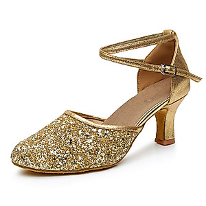 iCKER Womens Latin Dance Shoes Heeled Ballroom Salsa Tango Party Sequin Dance Shoes Gold 8