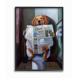 Stupell Industries Dog Reading The Newspaper On Toilet Funny Painting Black Framed Wall Art, 11 x 14, Multicolor