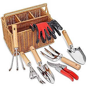 SOLIGT Gardening Hand Tools with Basket – Garden Tool Set with Pruning Shears, Cultivator, Gloves – Heavy-Duty Stainless Steel Gardening Tools with Wood Handle – Gardening Gifts for Women Men
