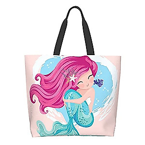 Famame Cute Mermaid Girl Canvas Tote Bag Large Women Casual Shoulder Bag Handbag Reusable Multipurpose Shopping Grocery Bag For Outdoors