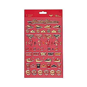 Wonder Woman x Erin Condren Designer Sticker Sheet - Classic Wonder Woman Epoxy High Gloss Stickers - 64 Stickers on Gold Foil Sheet for Customizing Planners, Notebooks, and More
