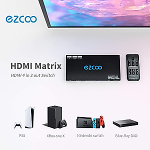 HDMI Matrix 4 in 2 Out 4K 60Hz 4:4:4 HDR 10 Atmos SPDIF 5.1CH Audio Extractor - 16 EDID Option, HDMI Scaler 4K 1080P Sync, Vision Atmos Sync,HDCP2.2 HDMI Matrix 4x2 IR Remote,IR Ext. MX42PRO