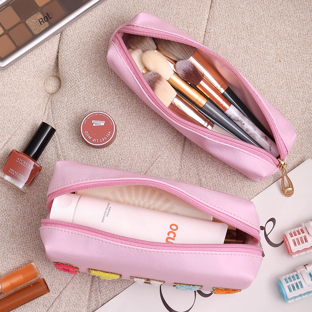 Fixwal 2pcs Stuff Bag, Preppy Makeup Bag, Portable Waterproof Purse, Cosmetic Bag with Patches, Stuff Pouch, Makeup Brush Bag, Pink