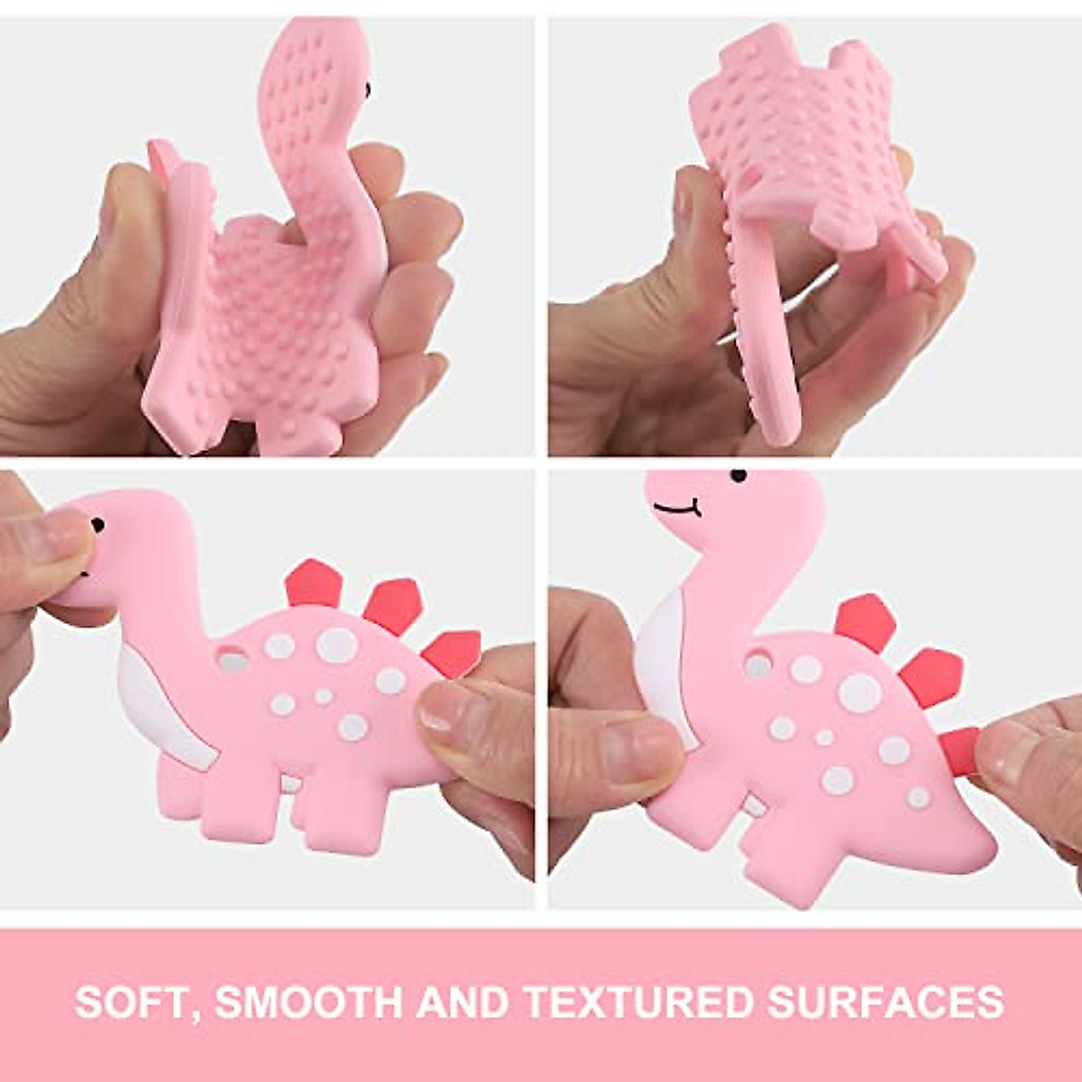 Baby Teething Toys for Babies 3-6 6-12 Months, Dinosaur Teether Pain Relief Toy with One Piece Design Pacifier Clip Holder Set, Freezer Safe Neutral Shower Gift for Boys and Girls (Pink)