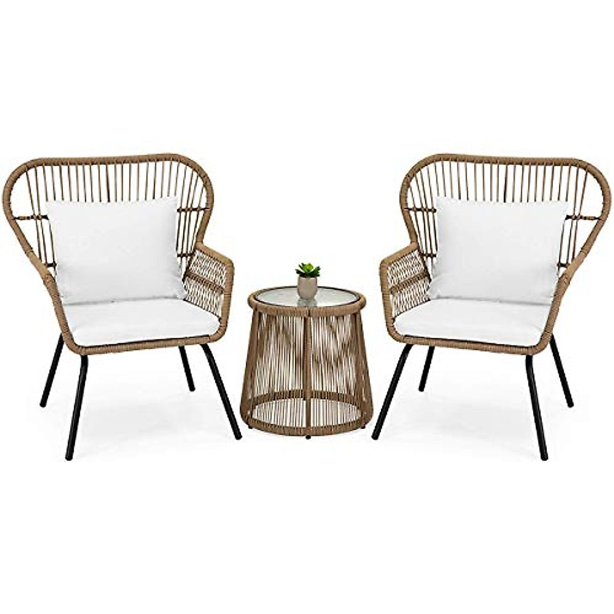 Barton 3 Pieces Bistro Chair Set w/Glass Table Beige Outdoor Patio Furniture Wicker Rattan Modern Conversation Chat Seating