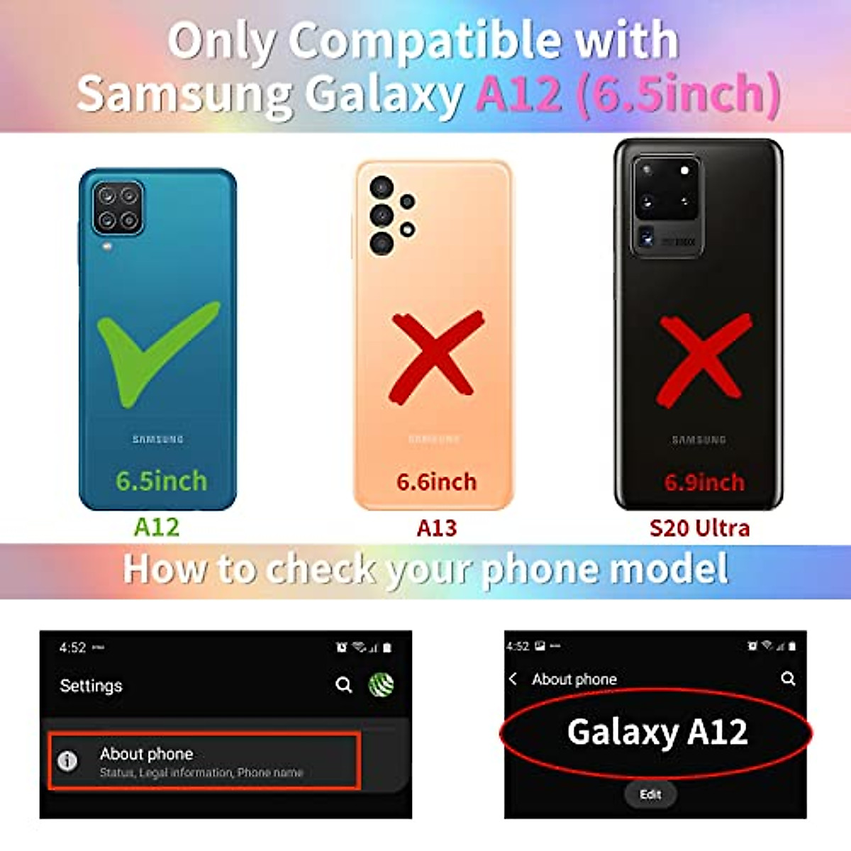 Shorogyt Holographic Heart Case for Samsung Galaxy A12 5G/4G 6.5 inch Cute Clear Love Hearts Cases Glitter Laser Bling Women Girls Aesthetic Design Cover+Screen+Chain for A 12 6.5”(3in1)