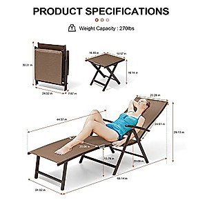 Crestlive Products Folding Patio Chaise Lounge Chair for Outside Aluminum Adjustable Outdoor Pool Recliner Chair, Brown Frame, 8 Positions (2PCS Brown Lounge Chair with 1PC Table)