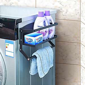 Foldable Magnetic Paper Towel Holder Refrigerator Storage Spice Rack with 3 Mobile Hooks and Paper Towel Holder(Single Layer /Black) Strong Magnetic Shelf for Refrigerator