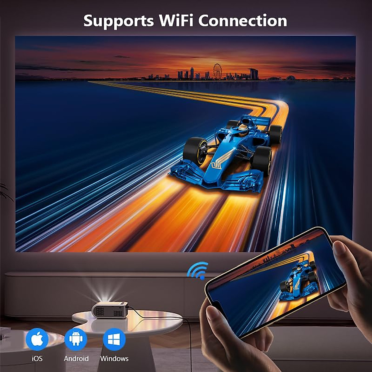 WiFi Mini Projector for iPhone, DZA Outdoor Portable Projector Supports 1080P with Synchronize Smartphone Screen, Movie Projector for Home Theater Compatible with iOS/Android/PC/TV Stick, and HDMI/USB