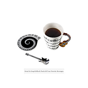 Guitar Novelty Mug Unique Musical Gift Coffee Cup with Cool Music Themed Lid & Guitar Handle Design & Guitar Spoon, Great Gifts for Music Teacher, & Guitar Lovers for Holidays, Fathers Day, Men, Women
