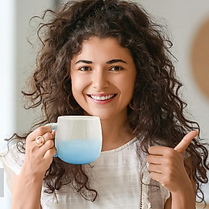 Plaxico & Bertunga Large Coffee Mug with Handle 16 Oz Coffee Cups Ceramic Heavy Latte Mugs Novelty Gradient Blue Porcelain Tea Cup for Kitchen Office and Home