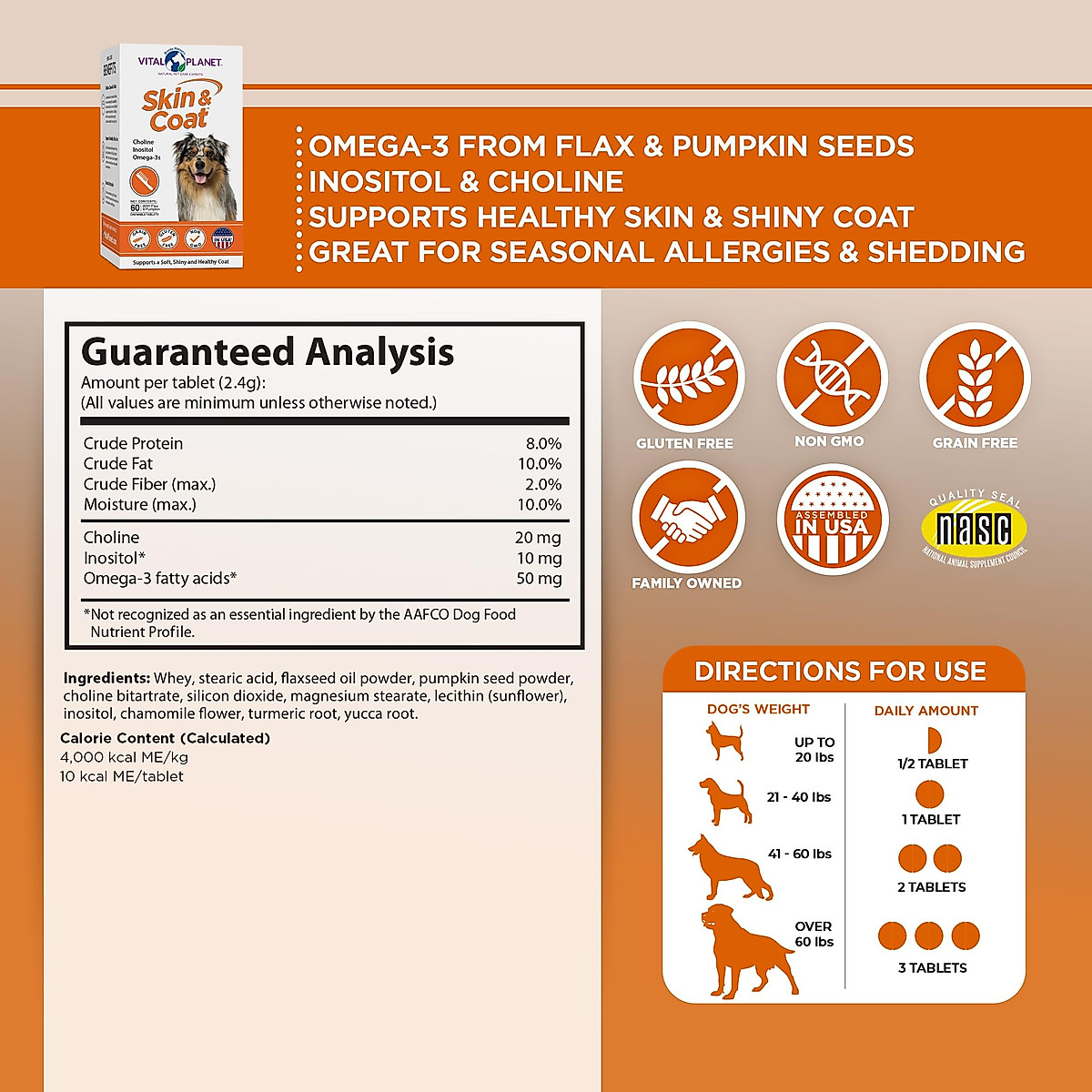 Vital Planet - Skin and Coat Supplement for Dogs with Choline, Inositol, Pumpkin, Flax and Omega-3 Oils to Support a Soft Shiny Healthy Coat and for Seasonal Allergies - 60 Chewable Tablets