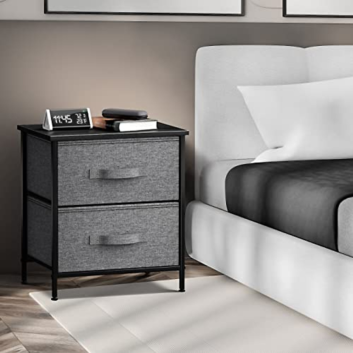 Sorbus Nightstand with 2 Drawers - Bedside Furniture End Table Night Stand - Steel Frame, Wood Top & Easy Pull Modern Print Fabric Bins - Small Dresser & Chest for Home, Bedroom Accessories & Office