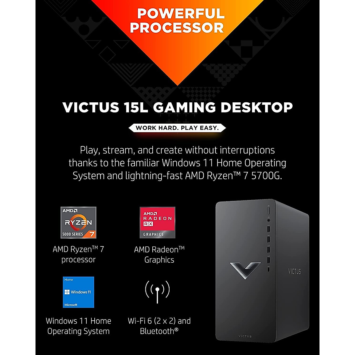 HP Victus 15-inch Gaming Desktop, AMD Ryzen 7 5700G Processor, 64GB DDR4 RAM, 2TB SSD, AMD Radeon RX 6600XT Graphics, Windows 11 Home