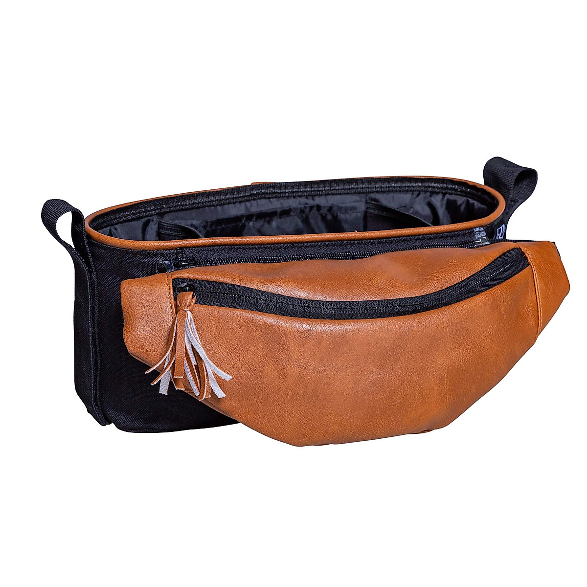 J.L. Childress Universal Stroller Organizer with Detachable Hip Fanny Pack - Stroller Accessory with Belt Waist Bag - Stroller Cup Holder and Cell Phone Pocket - Black/Camel