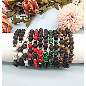 MOZAKA 12Pcs 8mm Natural Stone Lava Rock Beaded Bracelets for Men Women Tiger Eye Hematite Black Onyx Matte Beads Essential Oil Diffuser Lava Stone Bead Bracelets Bulk (12Pcs-B)