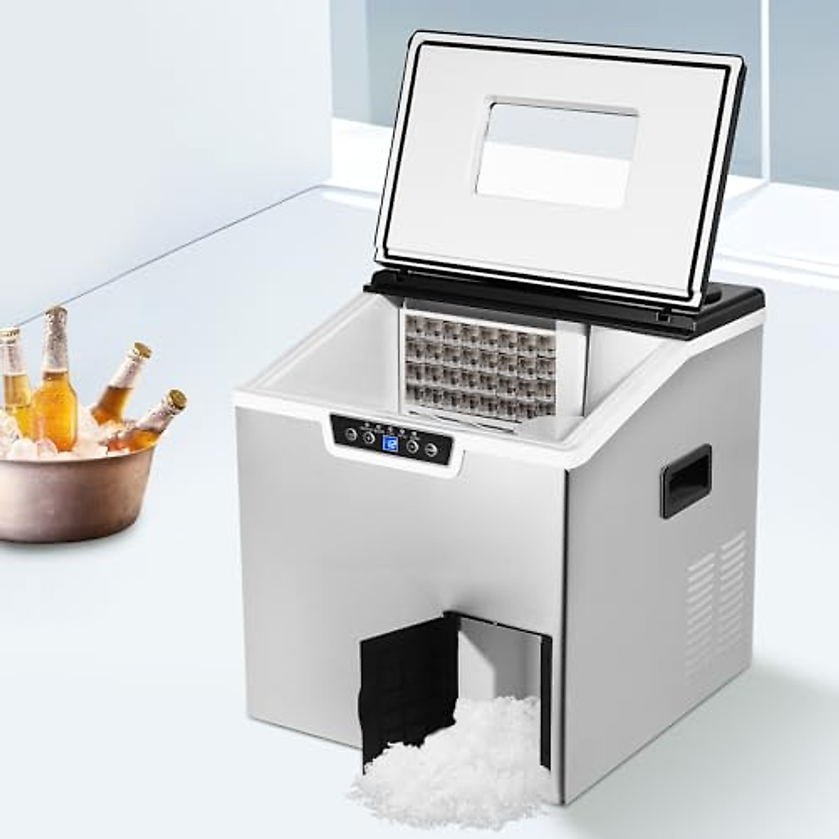 Porkke Square Ice Maker, Ice Crusher, Commercial Ice Maker, 150-180W Desktop Ice Maker, Freestanding Stainless Steel Ice Maker for Milk Tea Shops, Coffee Shops, Offices
