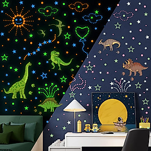 Buiory 925pcs Glow in the Dark Dinosaur Wall Decals Removable DIY Glowing Blue Green Yellow Stars and Dots Wall Stickers PVC Peel and Stick Fluorescent Luminous Wall Decor for Kids Bedroom Baby Boys